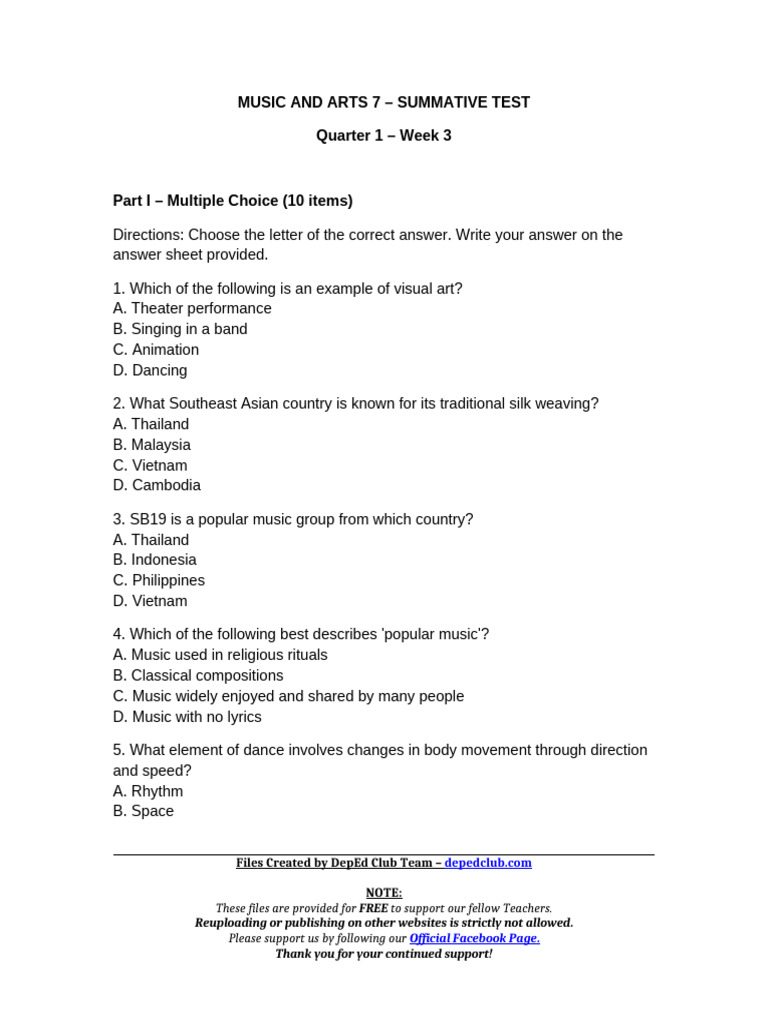 Music and Arts 7 Summative Test | PDF | Dances | Paintings