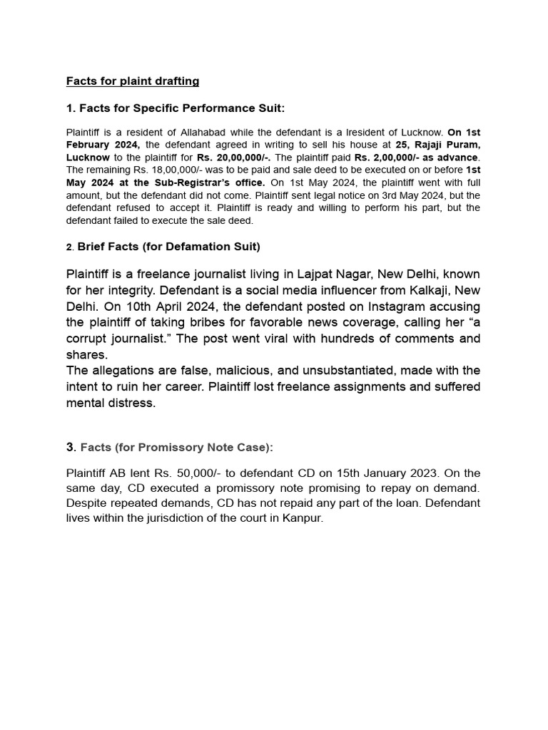 Facts For Drafting of Plaint | PDF