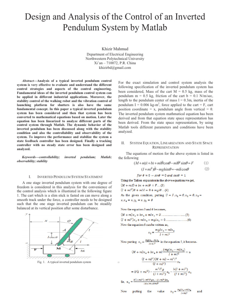 Design and Analysis of The Control of An Inverted Pendulum System by Matlab | PDF | Control ...