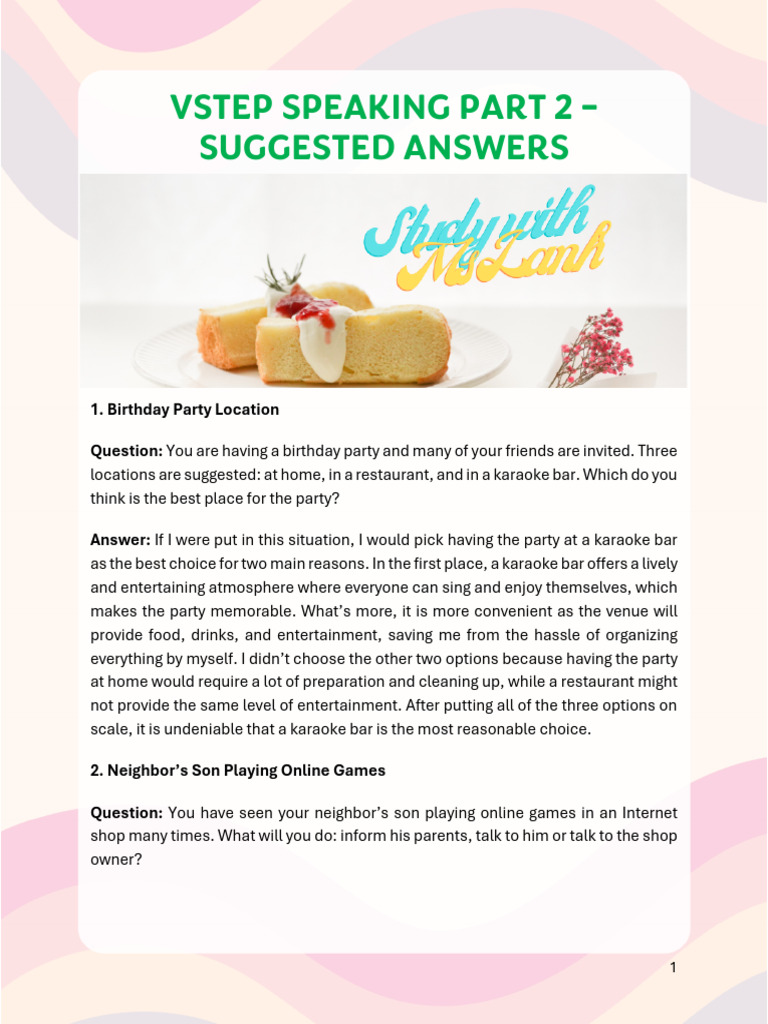 Vstep Speaking Part 2. Suggested Answers | PDF | Dieting | Teachers