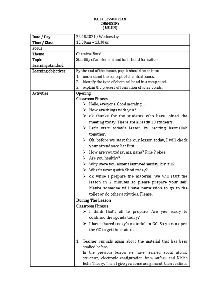 Chemistry Lesson Plan: Ionic Bonds | PDF | Chemical Bond | Chemistry