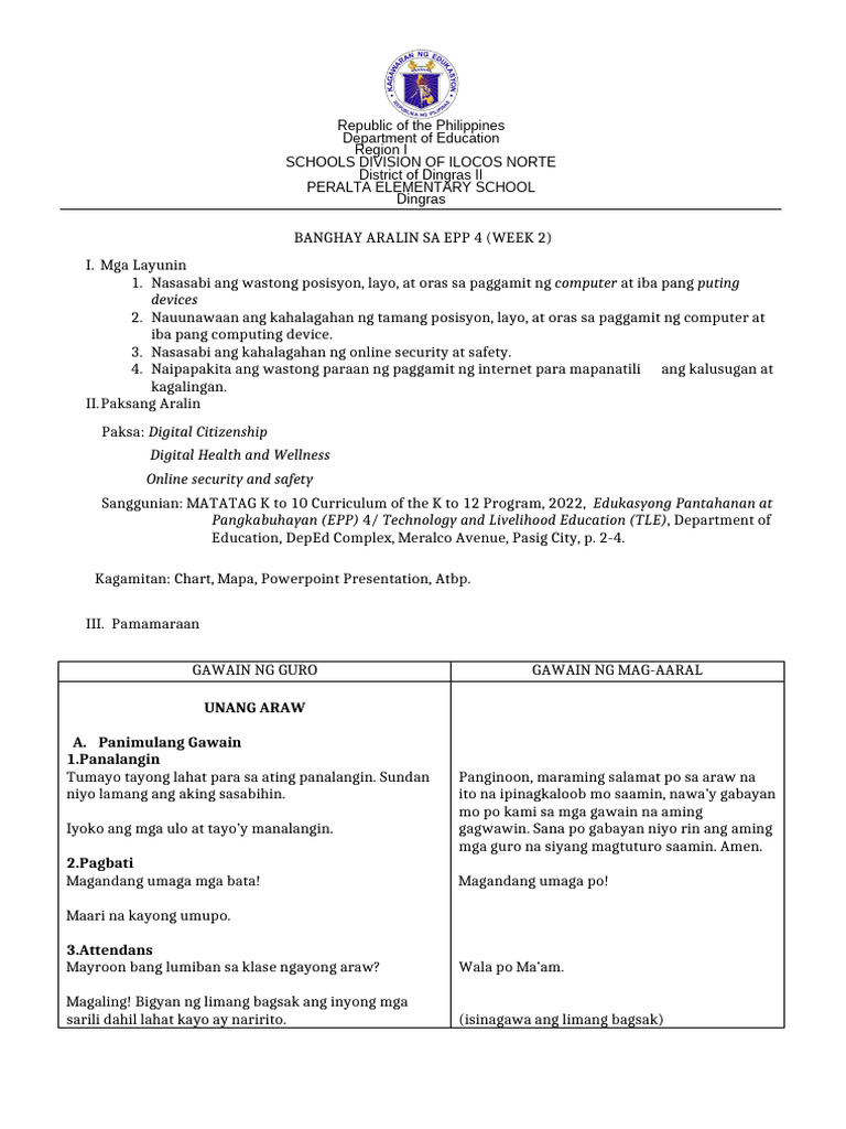 Banghay Aralin Sa EPP4 WEEK 2 | PDF