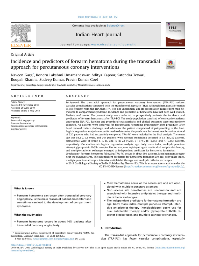 Incidence and Predictors of Forearm Hematoma During The Tran 2019 Indian Hea | PDF ...