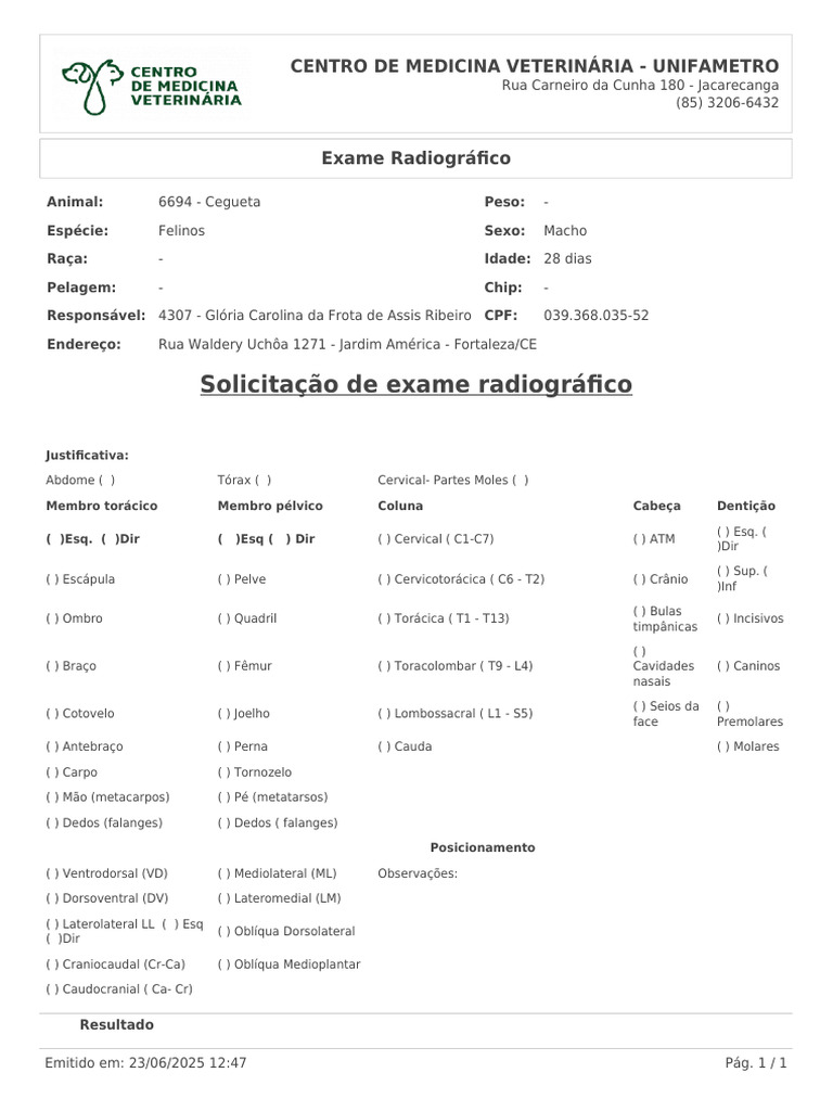 Exame Radiográfico - Cegueta | PDF | Sistema Locomotor | Anatomia humana