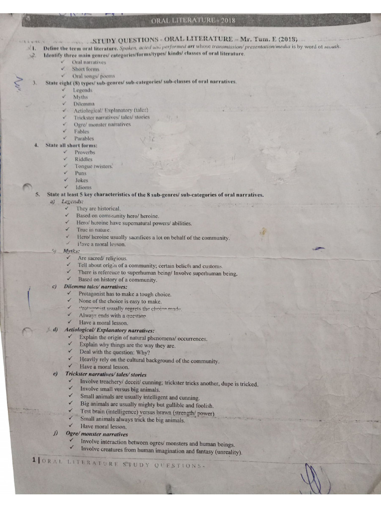 Oral Literature Notes Assignments - Form 1 - English | PDF
