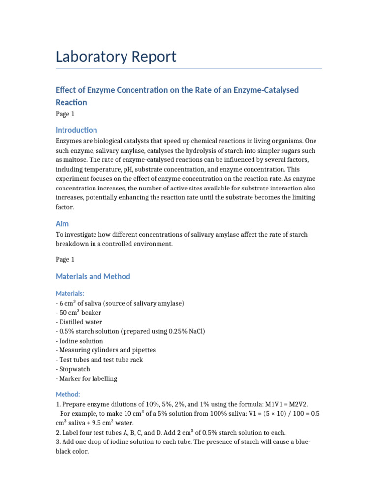 Enzyme Concentration Lab Report | PDF | Enzyme | Substrate (Chemistry)