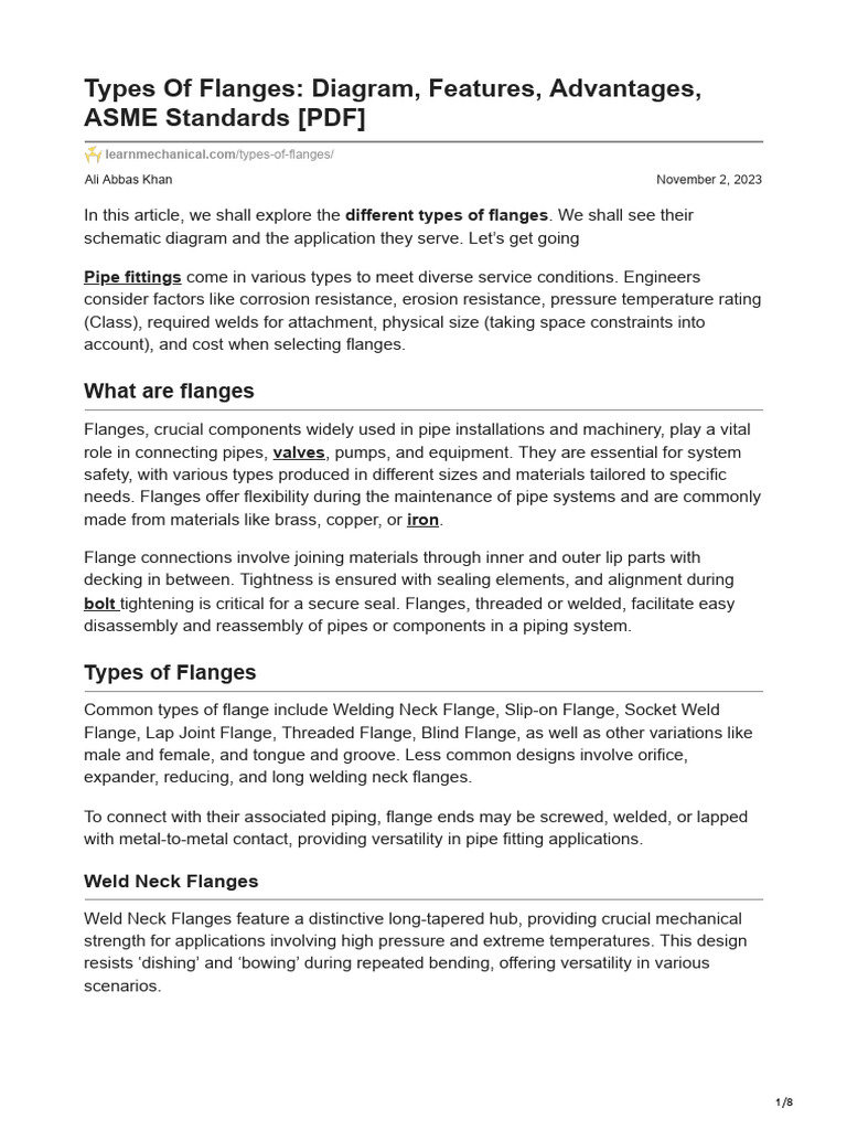 Types of Flanges Diagram Features Advantages ASME Standards PDF | PDF ...