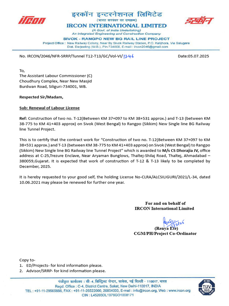 Renewal Request for Labour License | PDF