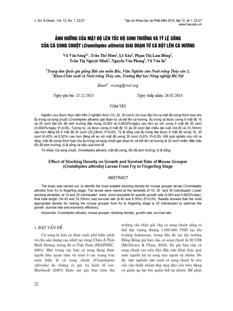 Bai 13 Sang Et Al. 2013. MẬT ĐỘ Lên CÁ SONG CHUỘT Tư Bộ Lên Hương. Tap ...