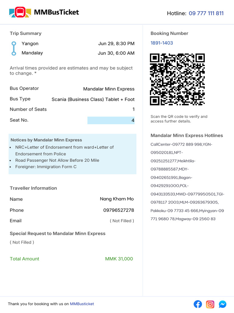 Yangon to Mandalay Bus Booking Details | PDF | Transport