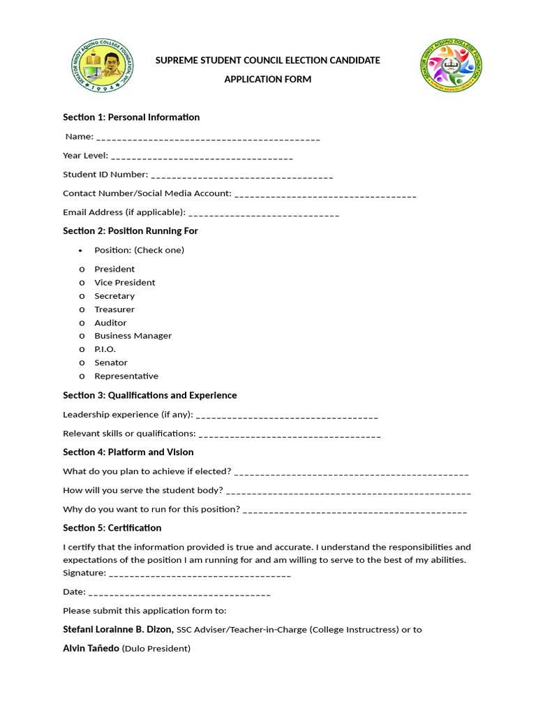 Supreme Student Council Election Candidate Application Form | PDF