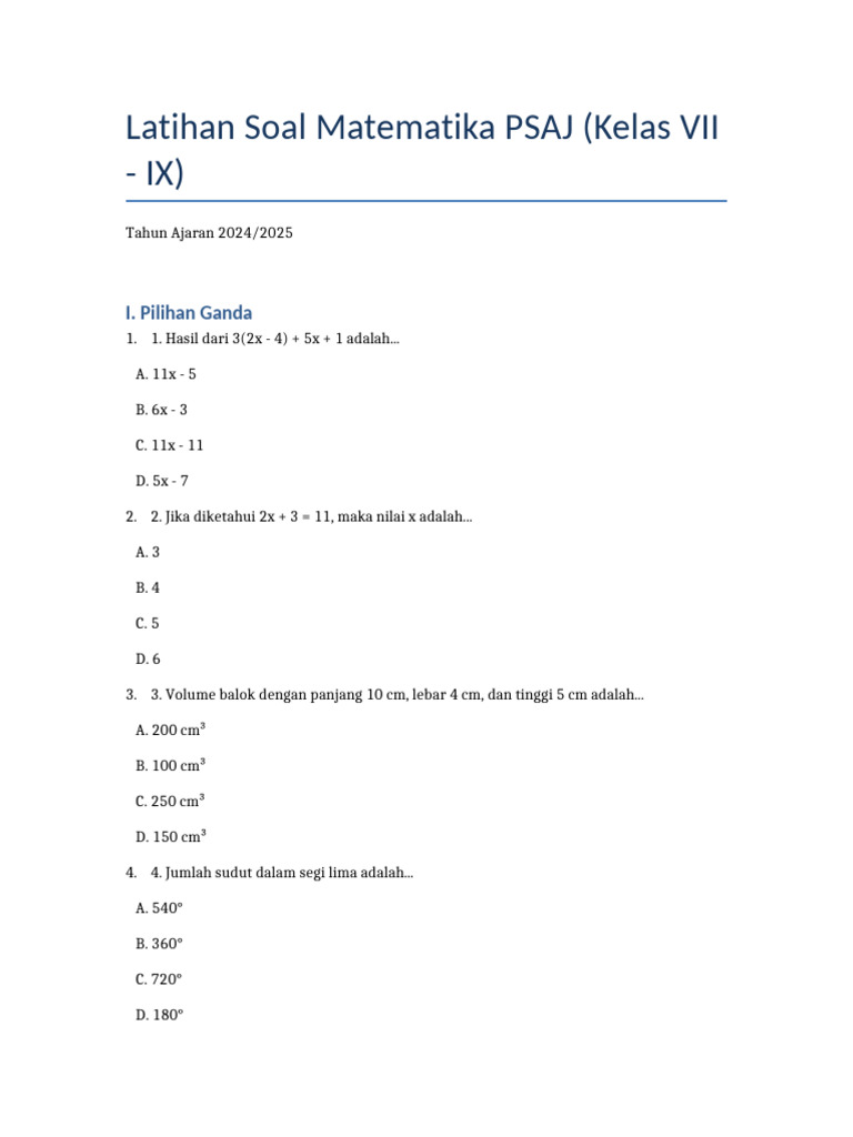 Latihan Soal Matematika PSAJ Ulang | PDF