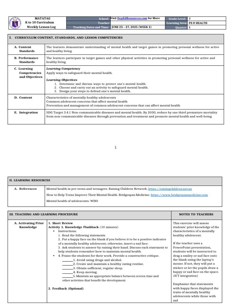 PE & Health Lesson Plan: Mental Wellness | PDF | Mental Health | Teachers