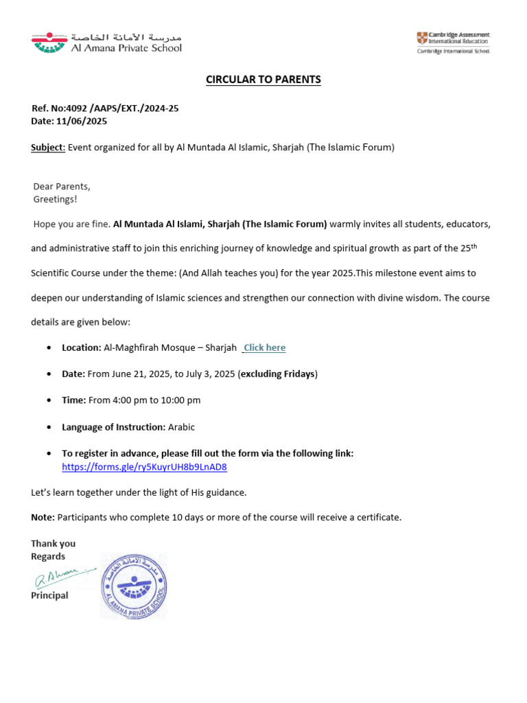 Circular To Parents: Ref. No:4092 /AAPS/EXT./2024-25 Date: 11/06/2025 ...