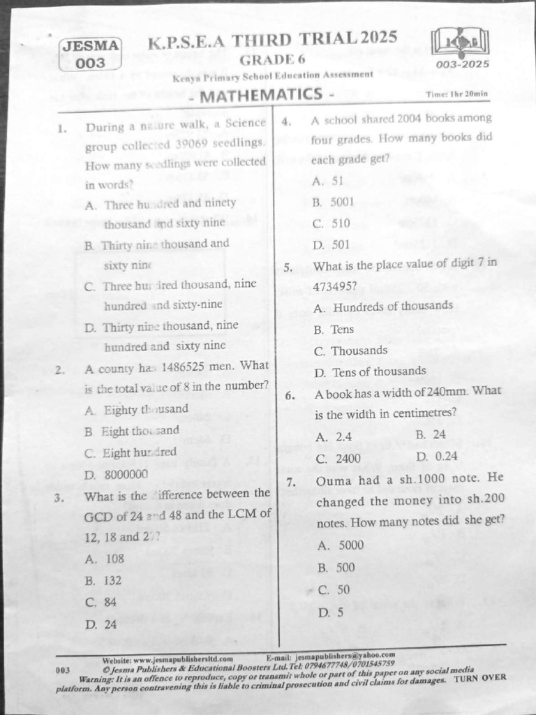 Grade 6 003 Jesma All Subjects With Marking Scheme PDF | PDF