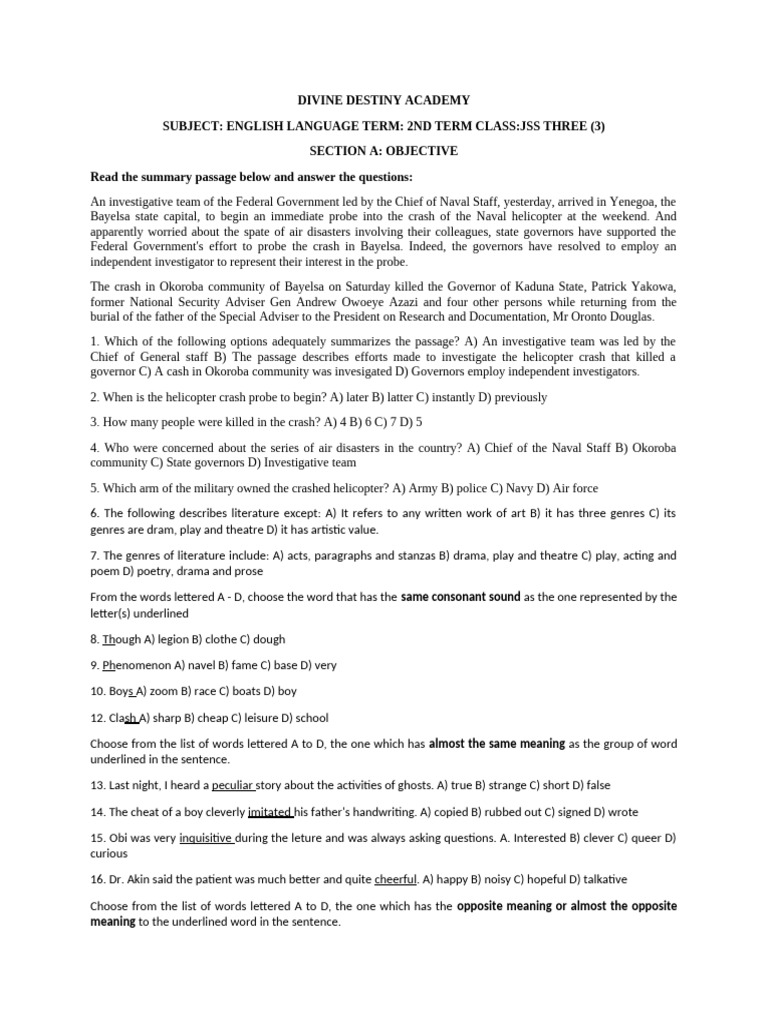 Dda Jss 3 2nd Term Eng Exam | PDF | Vocabulary | Reading Comprehension