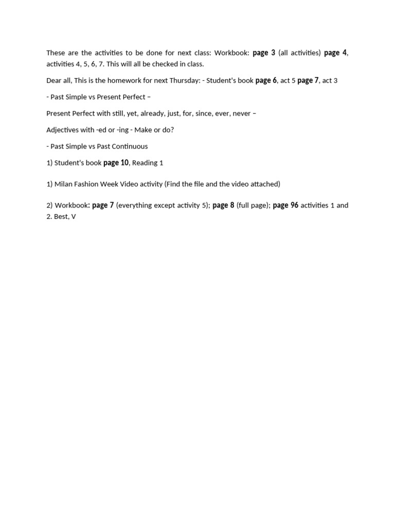 Next Class Homework and Activities | PDF