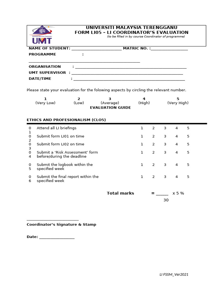 UMT LI Coordinator Evaluation Form | PDF