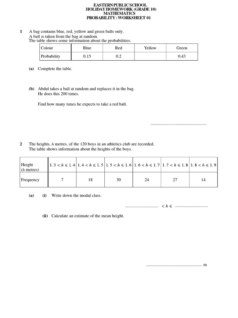 Grade 10 Probability Worksheet | PDF