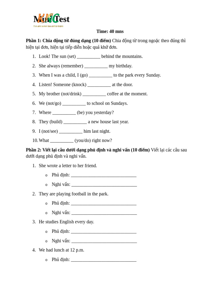B4 Test Chia Thì | PDF