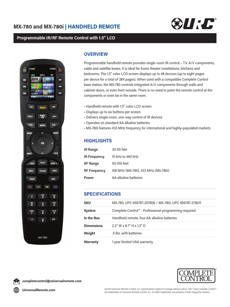 Urc Mx-780 780i Spec Sheet 011118 Final | PDF | Remote Control ...