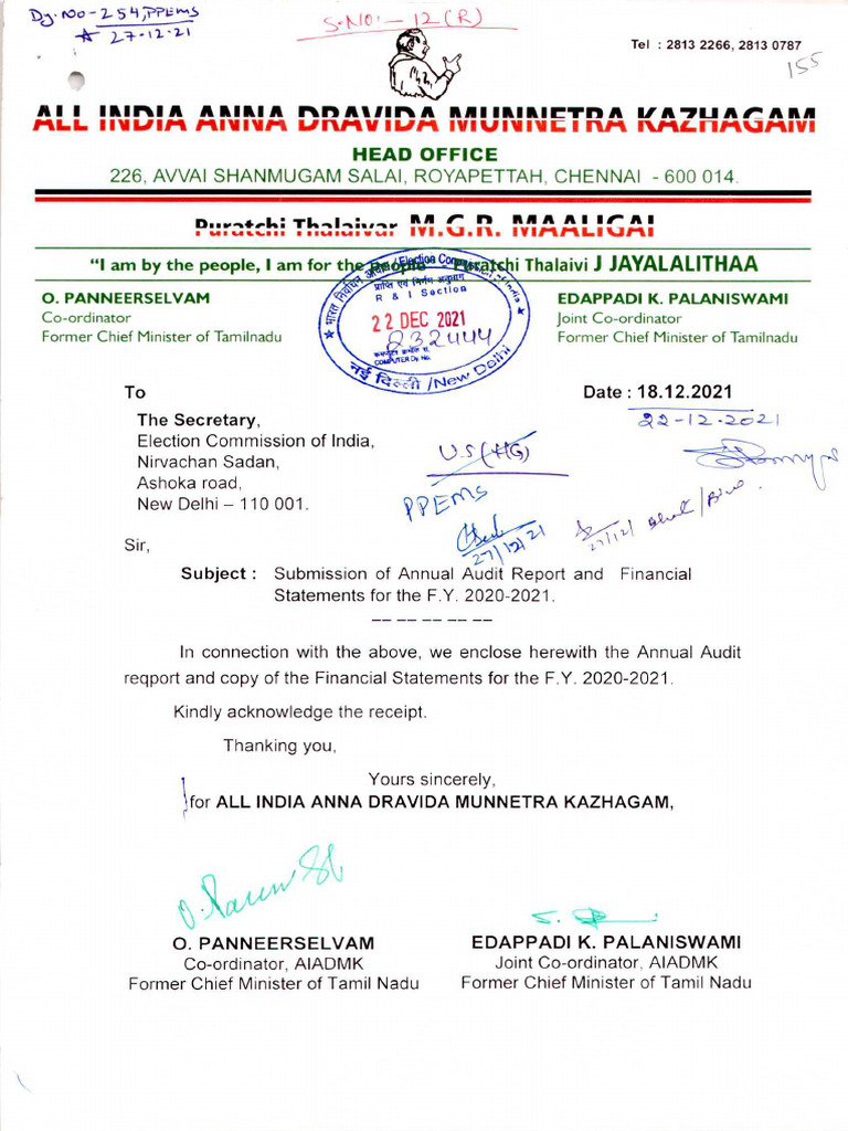 Aar of Aiadmk For Fy 2020-21 | PDF