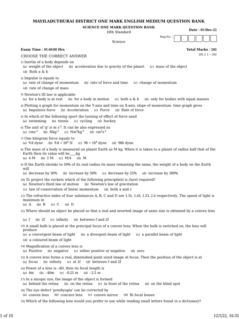 10th Science One Mark Question Bank | PDF | Sound | Mole (Unit)