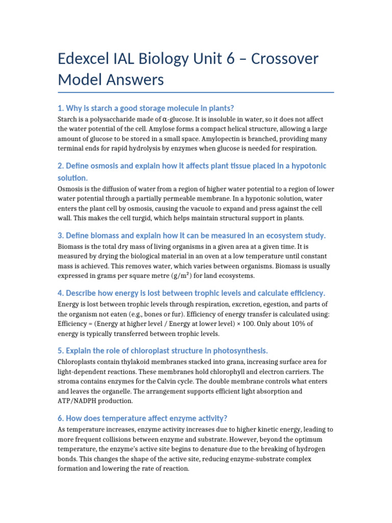 Edexcel IAL Biology Unit 6 Model Answers | PDF | Cellular Respiration ...