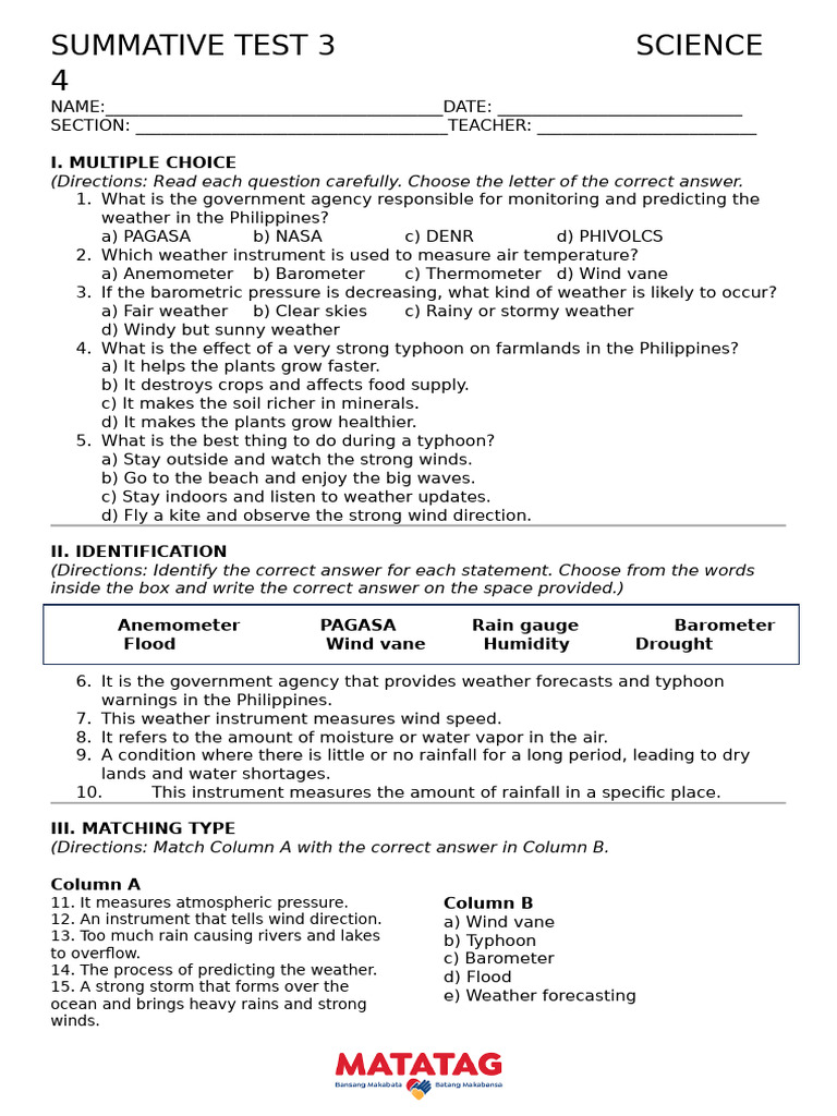 Science 4 Summative 03 | PDF | Weather | Rain