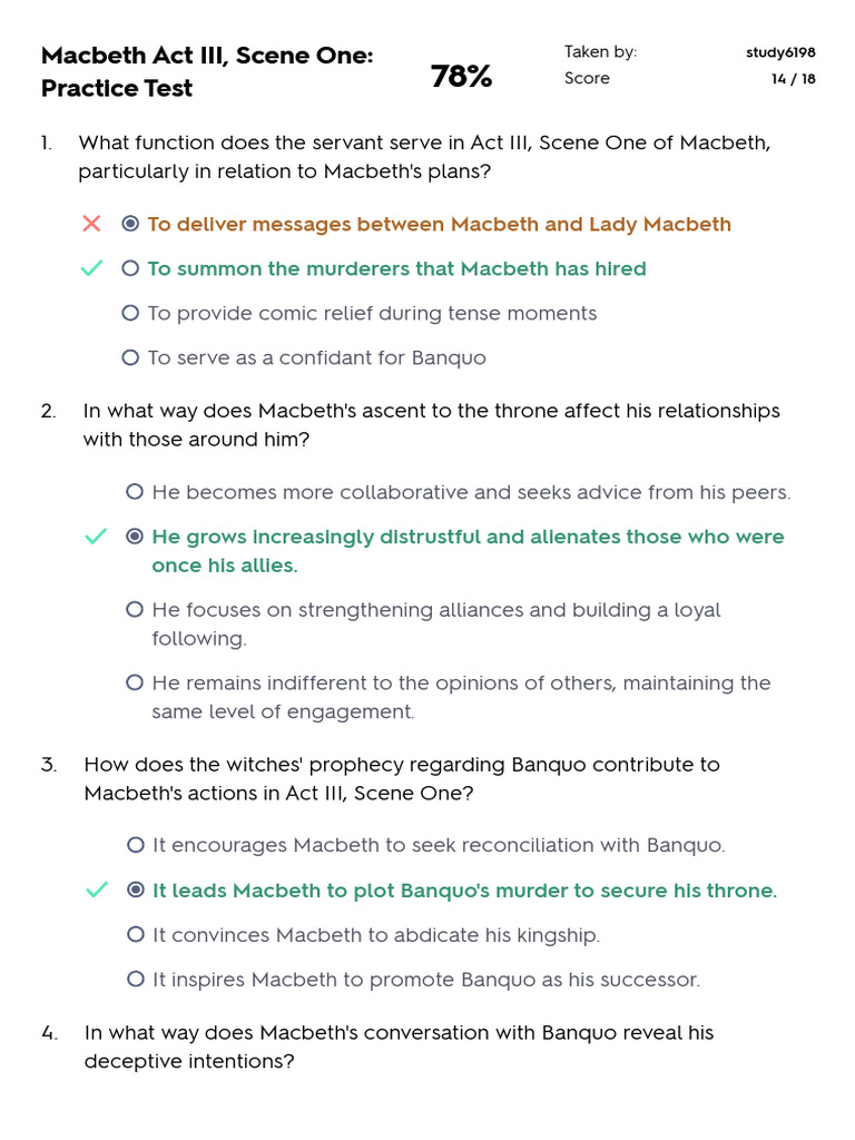 Macbeth Act III, Scene One - Practice Test - Results | PDF | Macbeth
