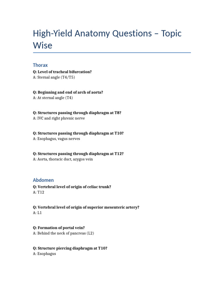 High-Yield Anatomy Questions Guide | PDF