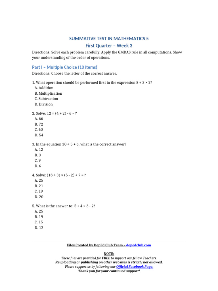 GMDAS Mathematics Test for Grade 5 | PDF | Mathematics
