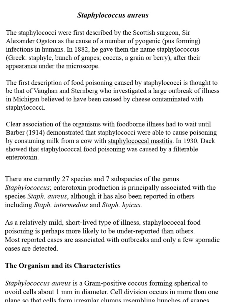 Staphylococcus aureus: Food Poisoning Insights | PDF | Staphylococcus ...