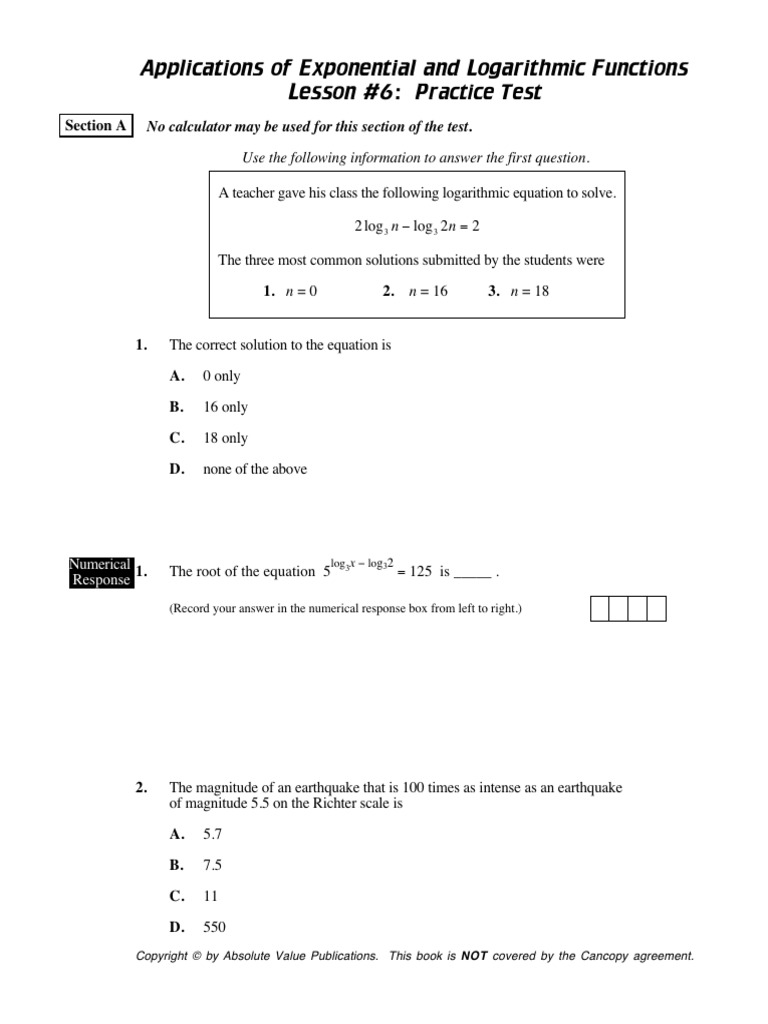 03 Applications of Exponentials and Logs Practice Test | PDF ...