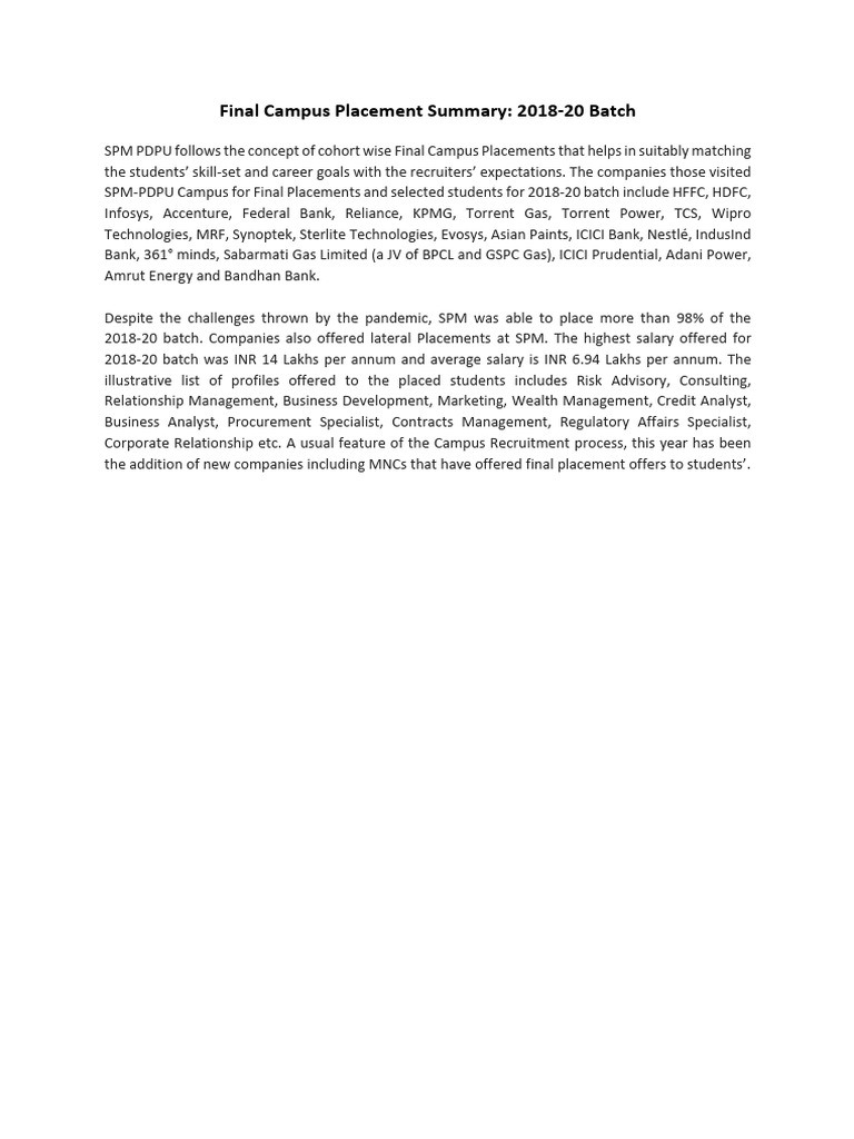 Final Campus Placement Summary 2018-20 Batch | PDF