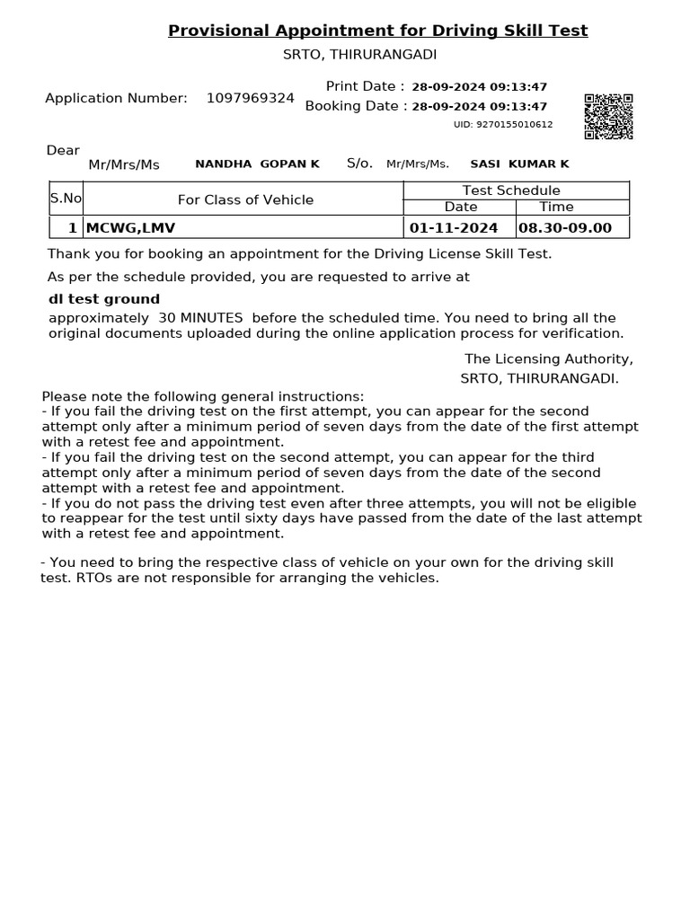 Driving Skill Test Appointment Details | PDF