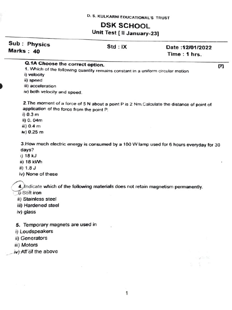 ICSE 9th School UT2 Physics Exam January 2024 | PDF | Force | Velocity