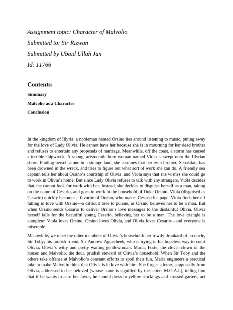 Assignment Topic Character of Malvolio | PDF | Twelfth Night