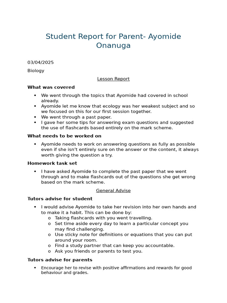 Student Report For Parent 03.04.2025 | PDF