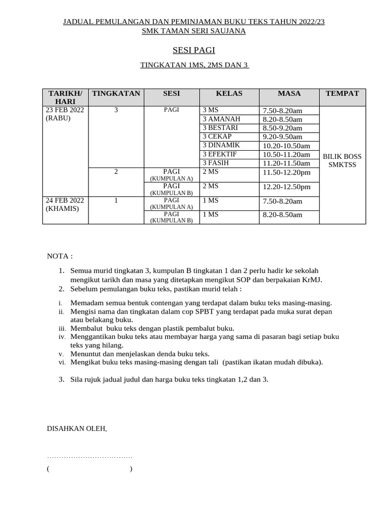 Jadual Pemulangan Ting 1,2,3 Pagi | PDF