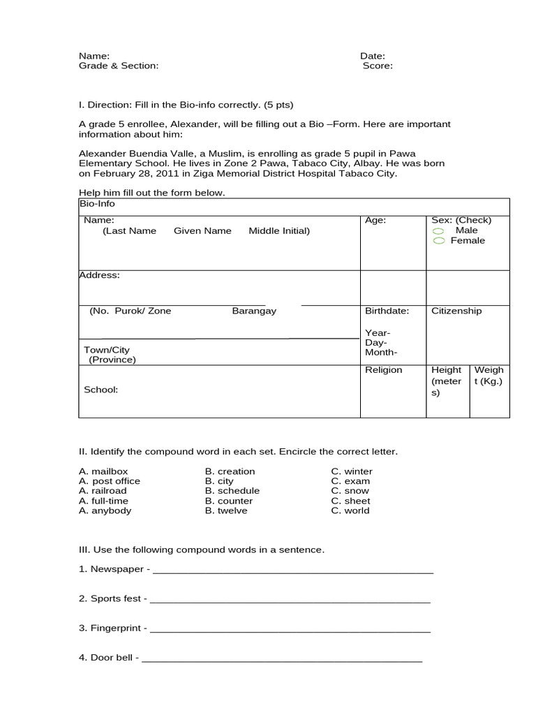 Grade 5 Assessment June 30 | PDF | Linguistics