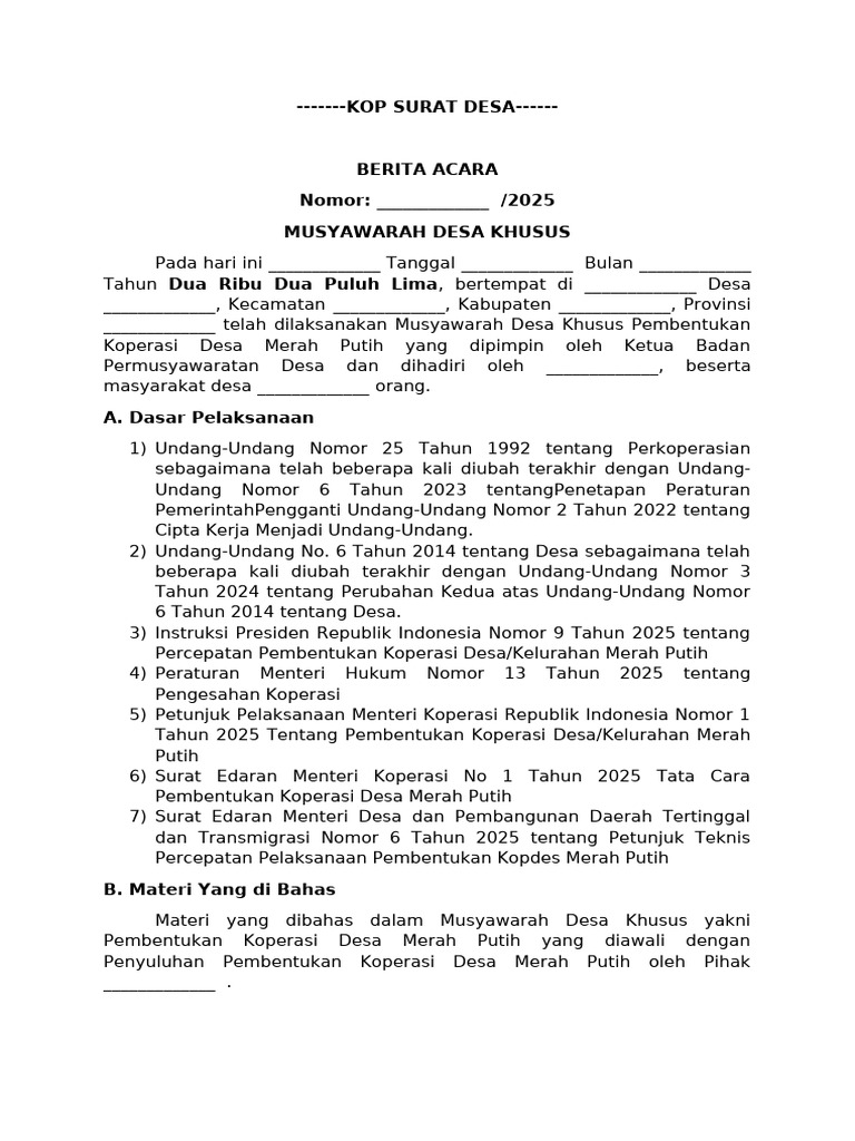 Template Pendaftaran Berita Acara Musdessus | PDF