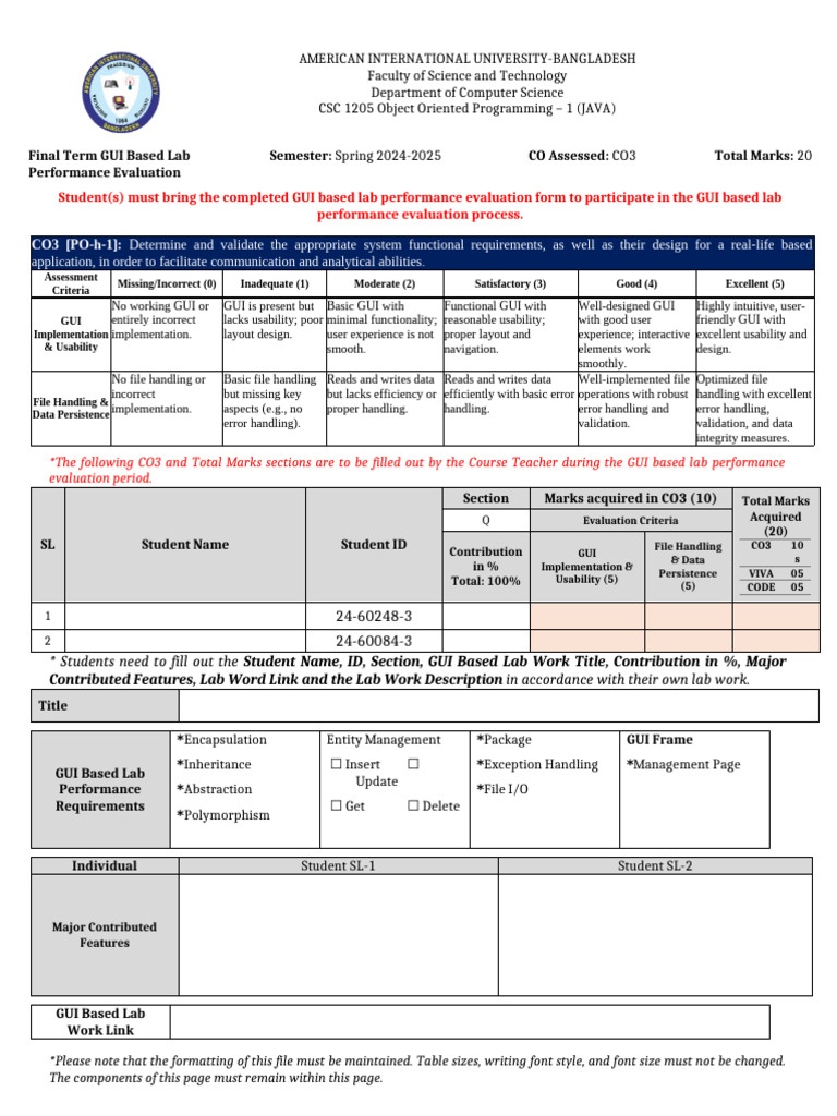 V2 - OOP1 Lab Performance Evaluation - CO3 - Spring 2024-2025 | PDF | Usability | Graphical User ...