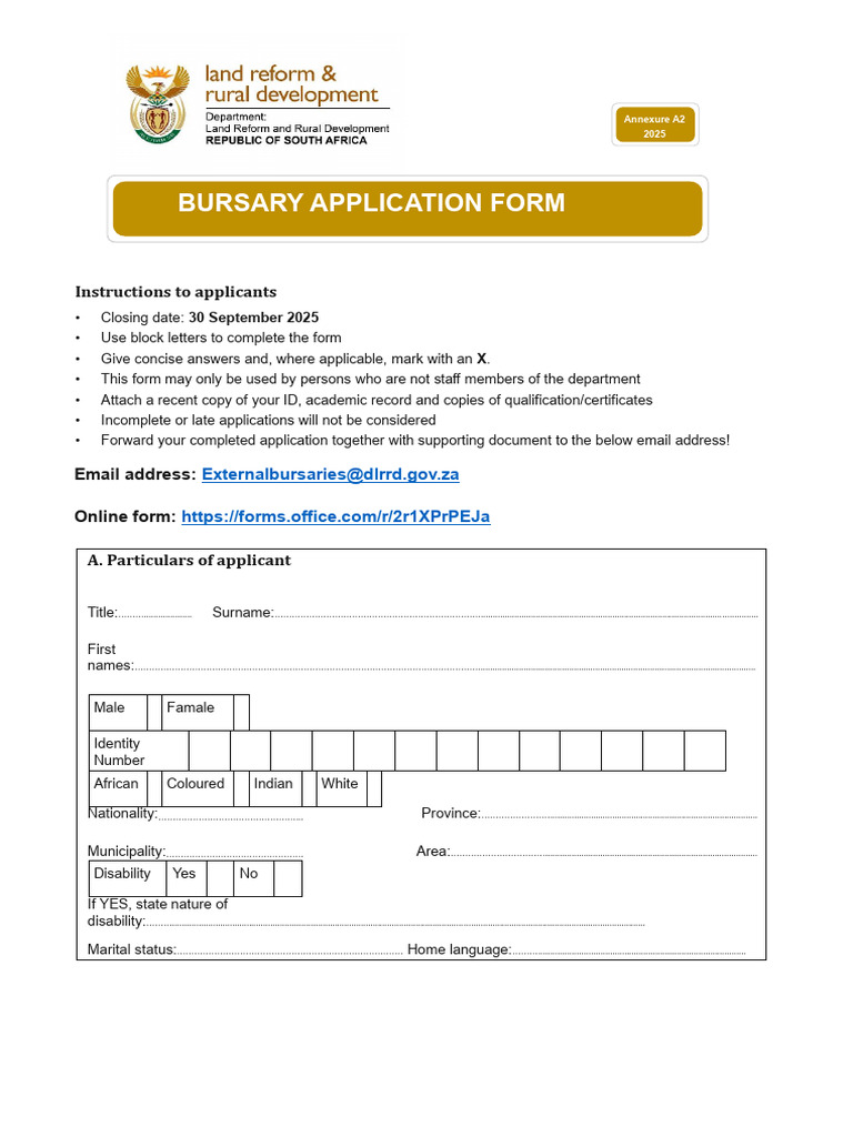 2026 - DLRRD Bursary Application Form | PDF