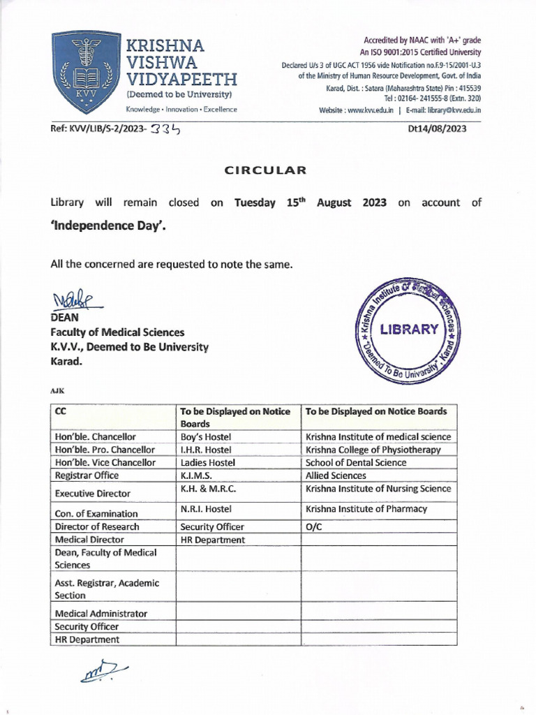 15th August 2023 Holiday Circular | PDF