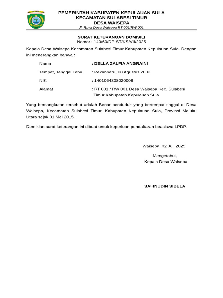 Surat Domisili untuk Beasiswa LPDP | PDF