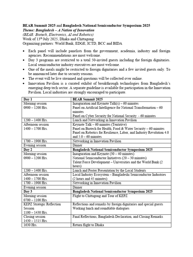 Agenda BEAR Summit 2025 and Bangladesh National Semiconductor Symposium 2025 | PDF | Bangladesh