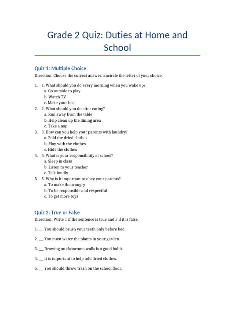Grade2 Quiz Duties Home School | PDF