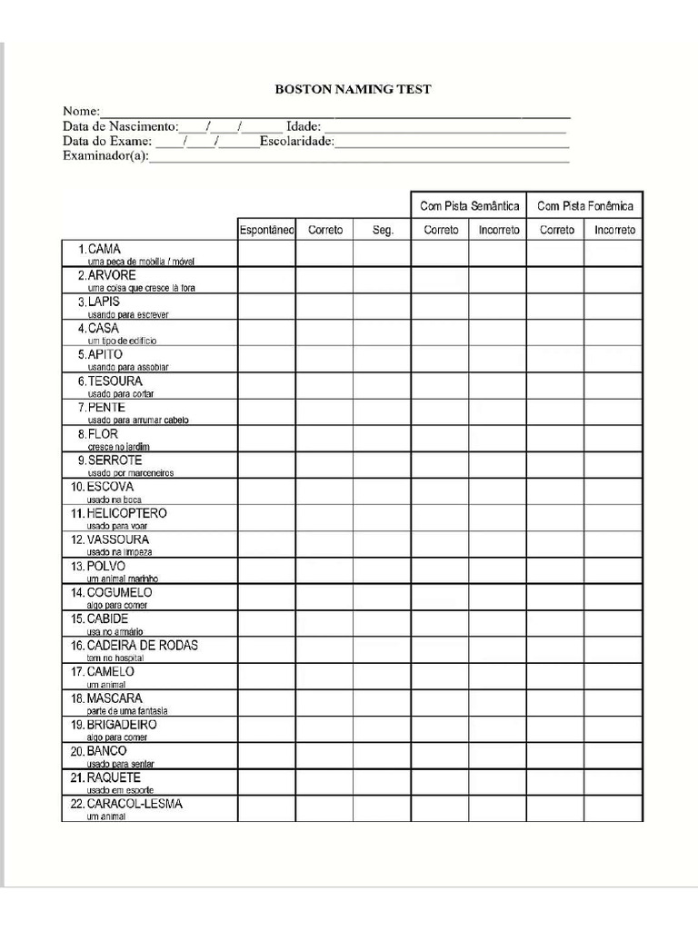 Boston Naming Test Registro | PDF