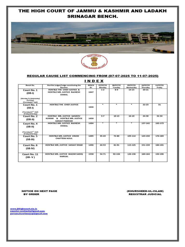 Regular List (070072025 To 11072025) | PDF | Judiciaries | Justice